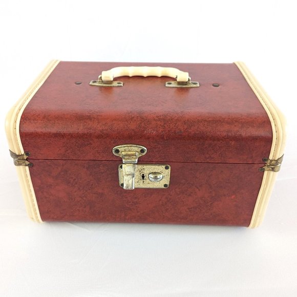 Vintage | Bags | Vintage Locking Hard Shell Train Case Red W Cream ...